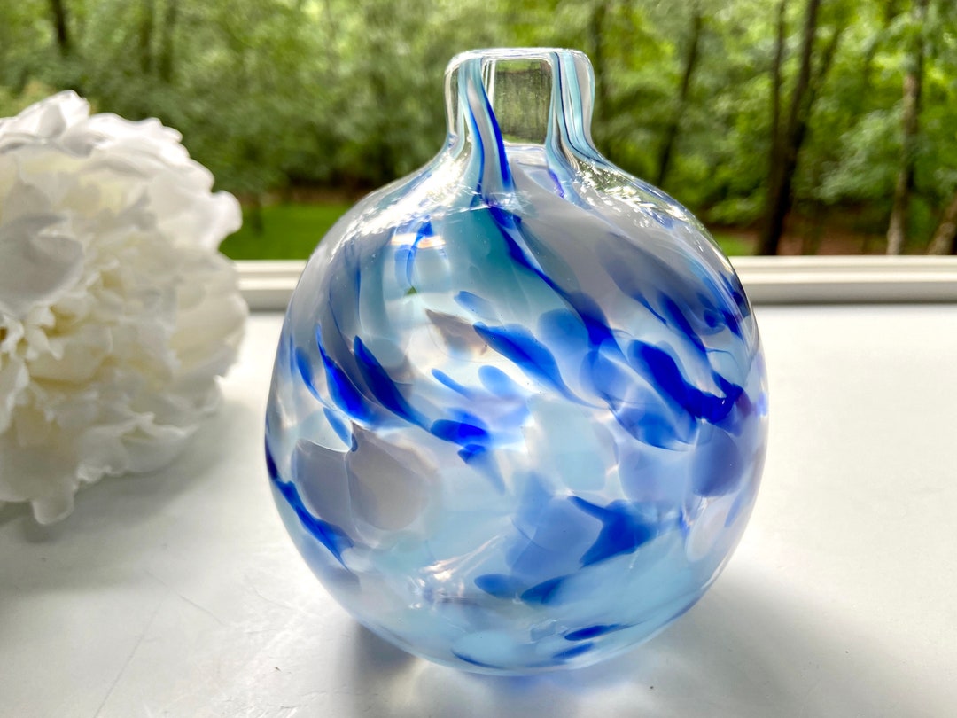 Hand Blown Glass Bud Vase, Blue & White Bud Vase, Blue White Swirls ...