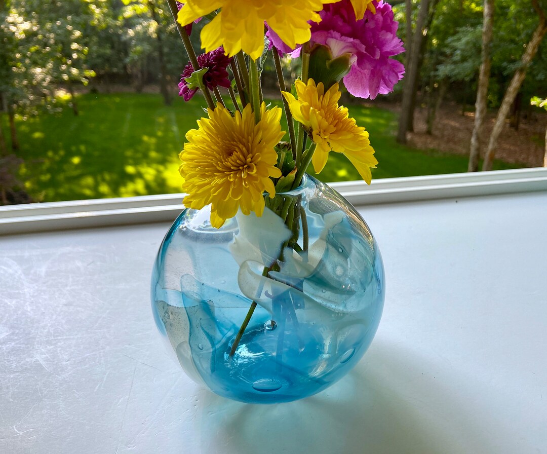 Hand-blown Glass Sphere Vase: Blue Swirl Recycled Glass - Etsy