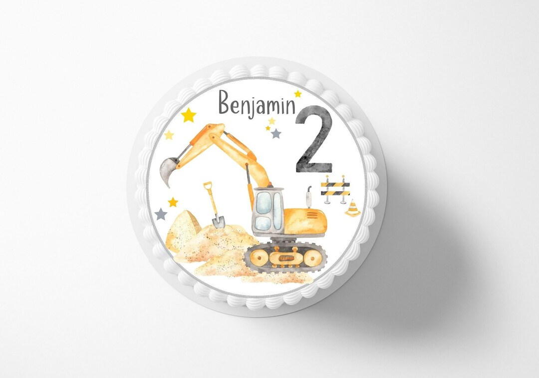 Cake Topper Excavator Fondant Desired Name 20 Cm Diameter Sugar Image ...