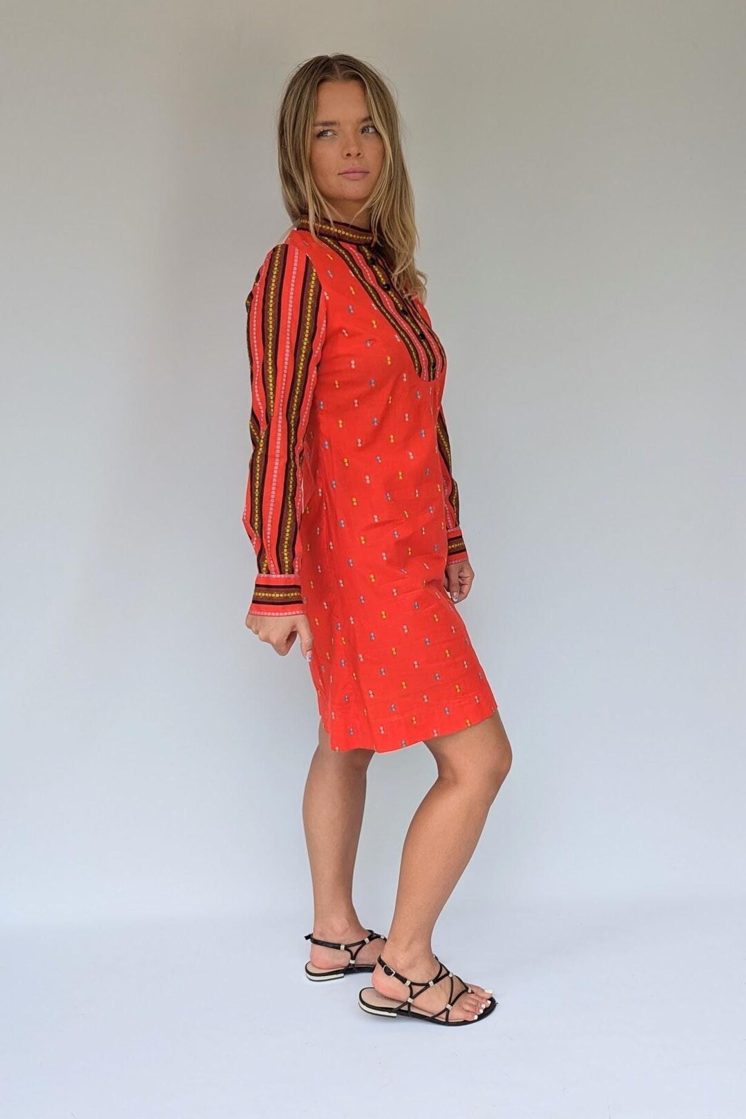 1970's Polly Peck by Sybil Zelker Embriodered Dress, Mandarin Collared ...