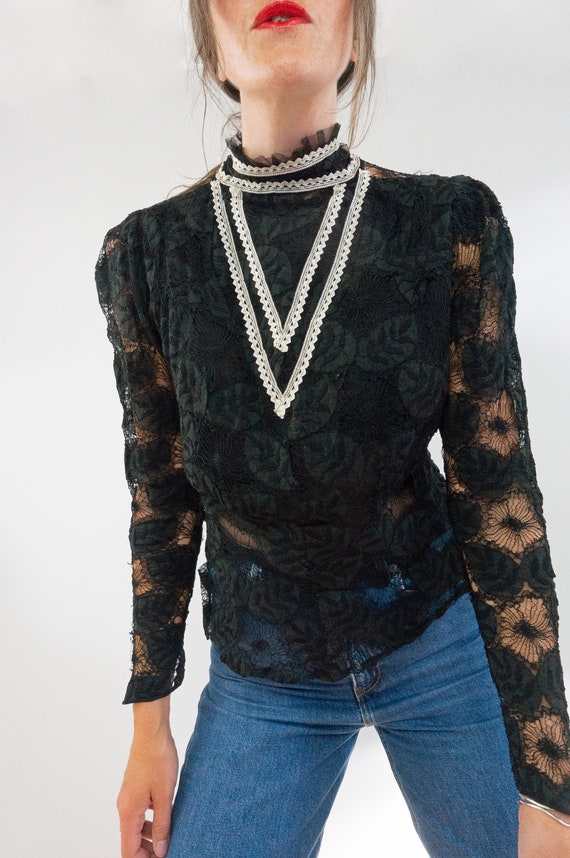 Victorian Ruffle Neck Black Lace Blouse, 1900 Sheer B… - Gem