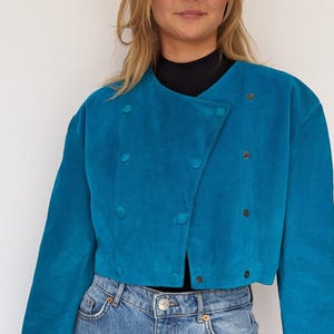 1980's Turquoise Cropped Suede Jacket, 80s Retro Short Blue Double ...