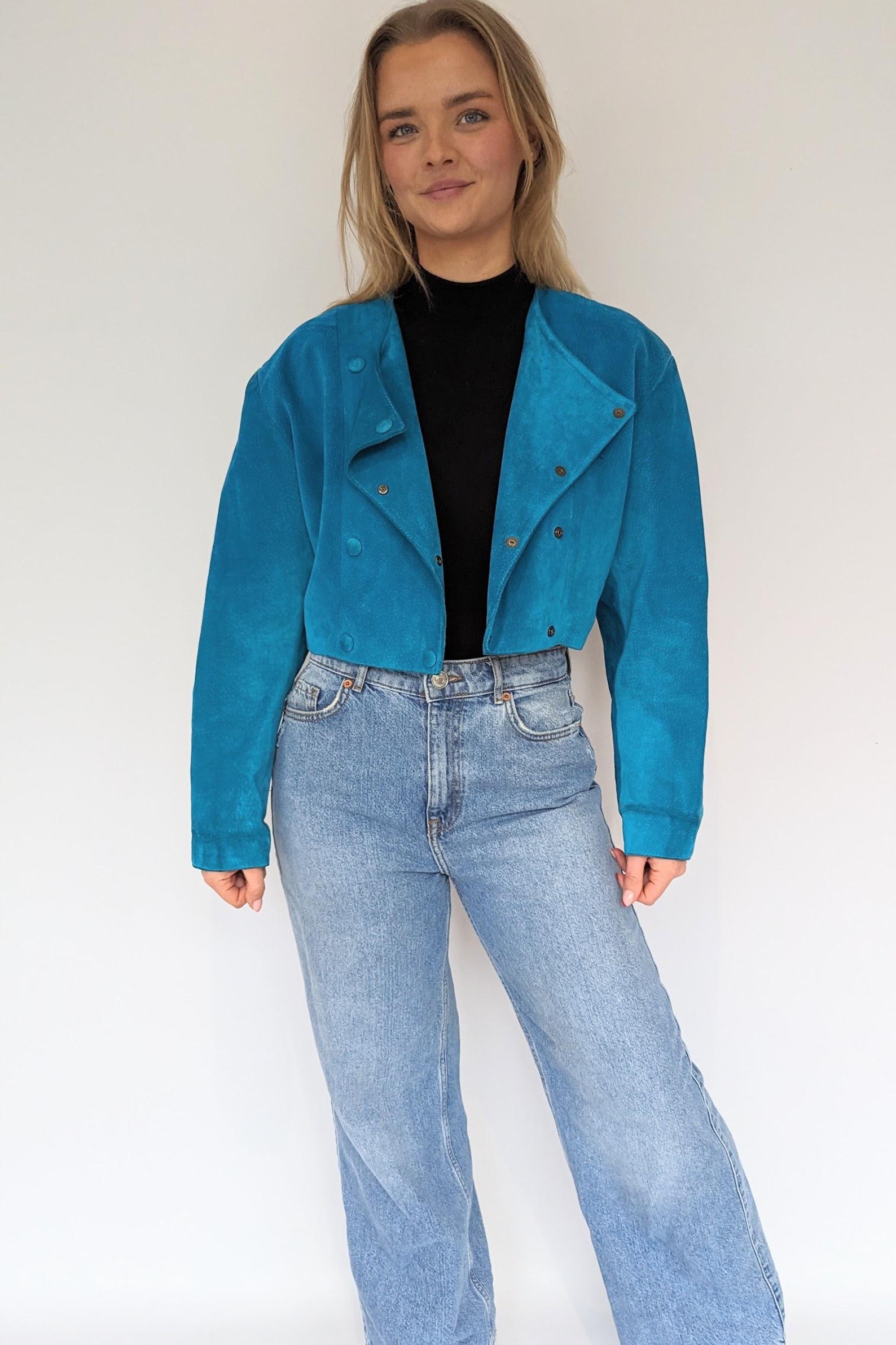 1980's Turquoise Cropped Suede Jacket, 80s Retro Short Blue Double ...