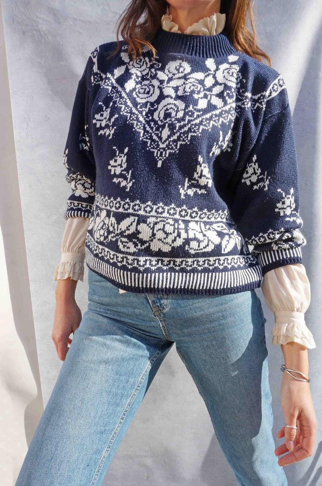 Vintage Oversized Floral Cottagecore Sweater, 80s Autumn Navy Blue ...