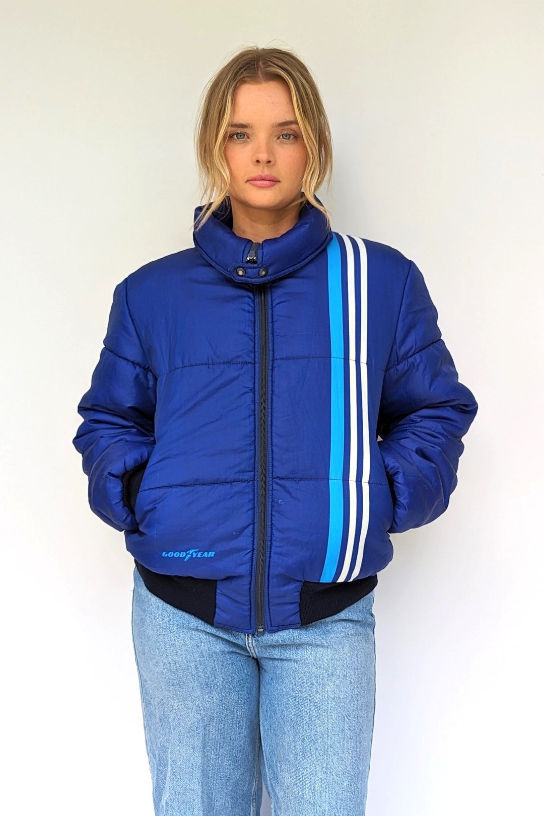 1980's Vintage Puffer Jacket, 80s Retro Ski Goodyear Blue Bomber Jacket ...