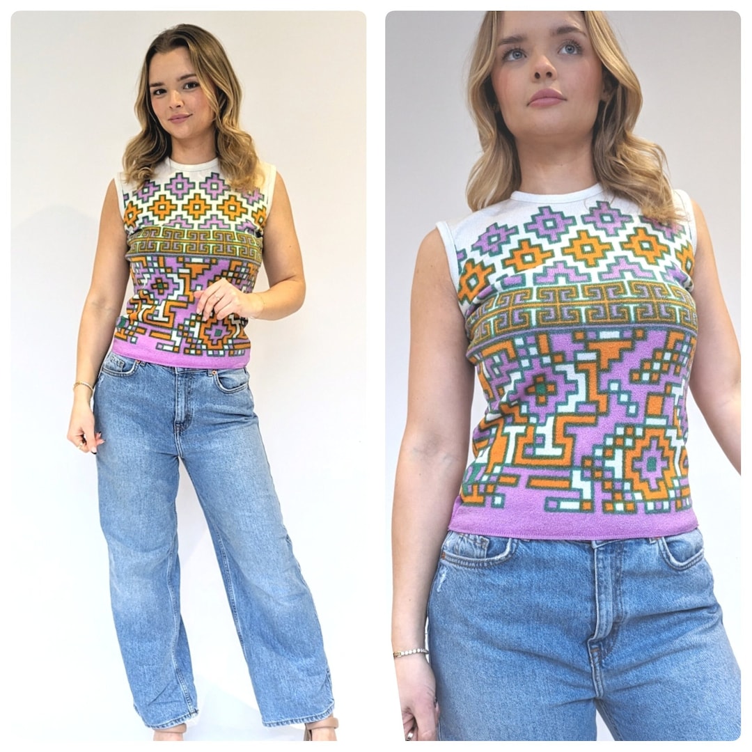 70s Vintage Mod Geometric Tank Top, 1970s Sleeveless Patterned Top in ...