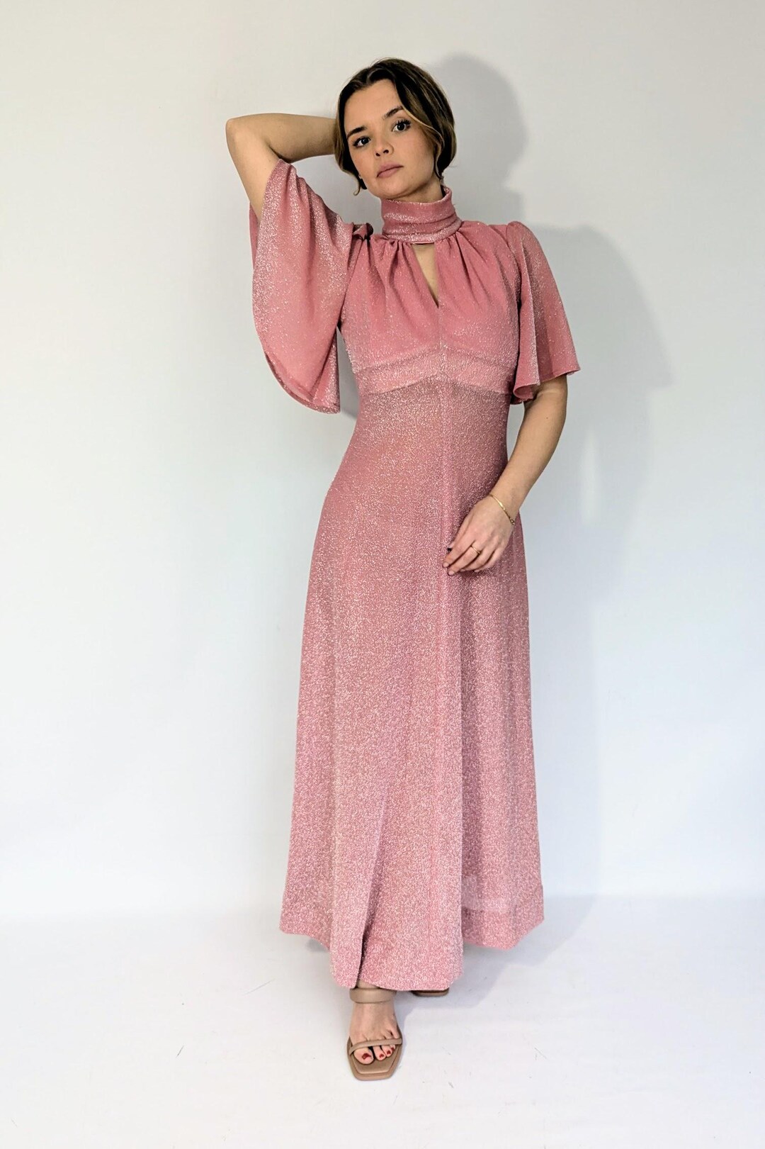 1970s Vintage Pink Lurex Party Dress, 70s Flutter Sleeve Evening Dress ...