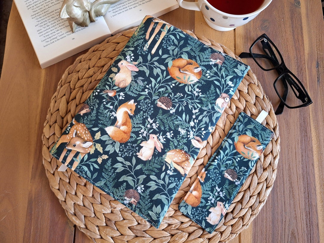 Handmade Adjustable Book Cover: Foxes & Fawns Fabric, Ribbon Bookmark ...