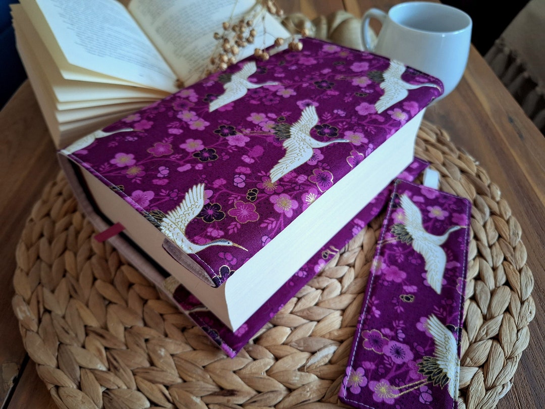 Adjustable Book Cover, Handmade Book Jacket, Japanese Cranes, Bookmark ...