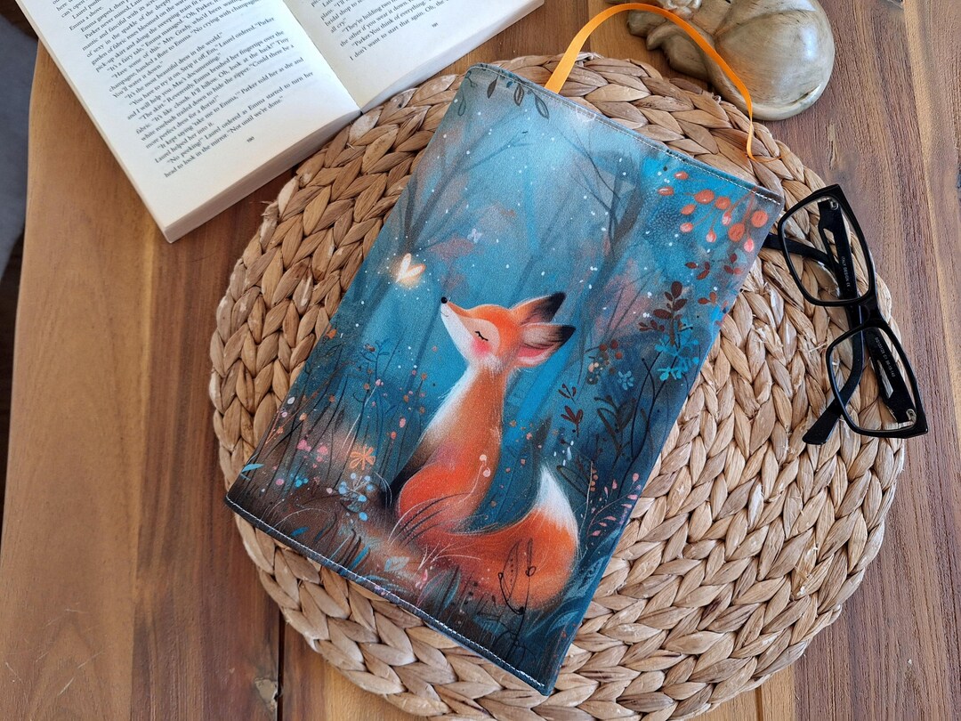 Handmade Adjustable Book Cover: Fox in Flowery Forest, With Bookmark - Etsy