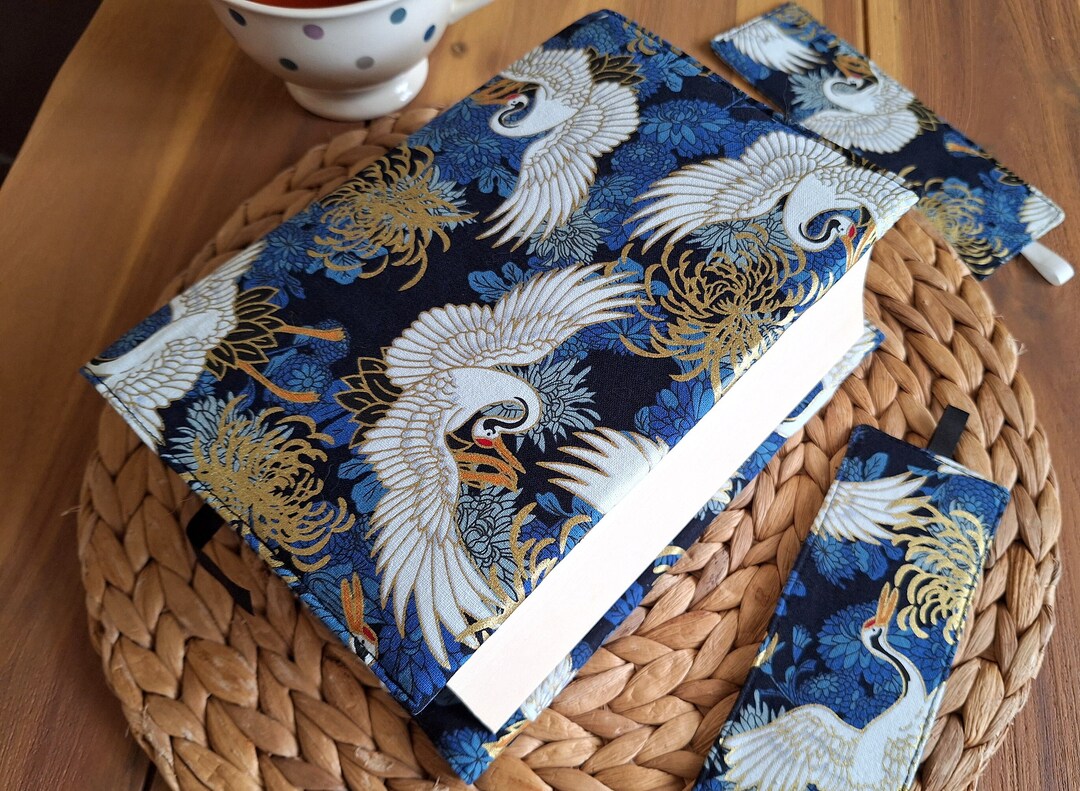 Adjustable Book Cover, Handmade Book Jacket, Japanese Cranes, Bookmark ...