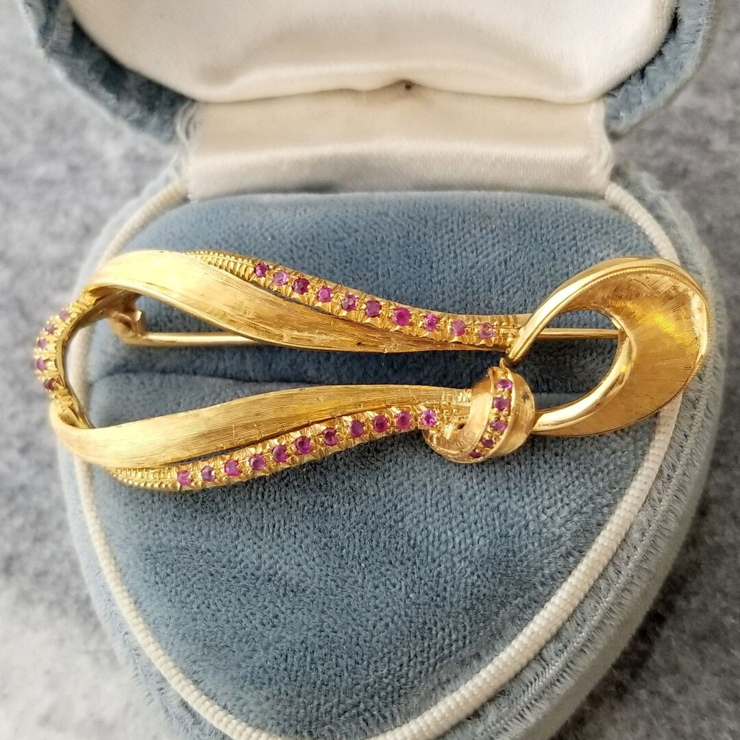 Vintage 18k Yellow Gold and Ruby Brooch, 2 Inches Long, 3/4 Inch Wide ...