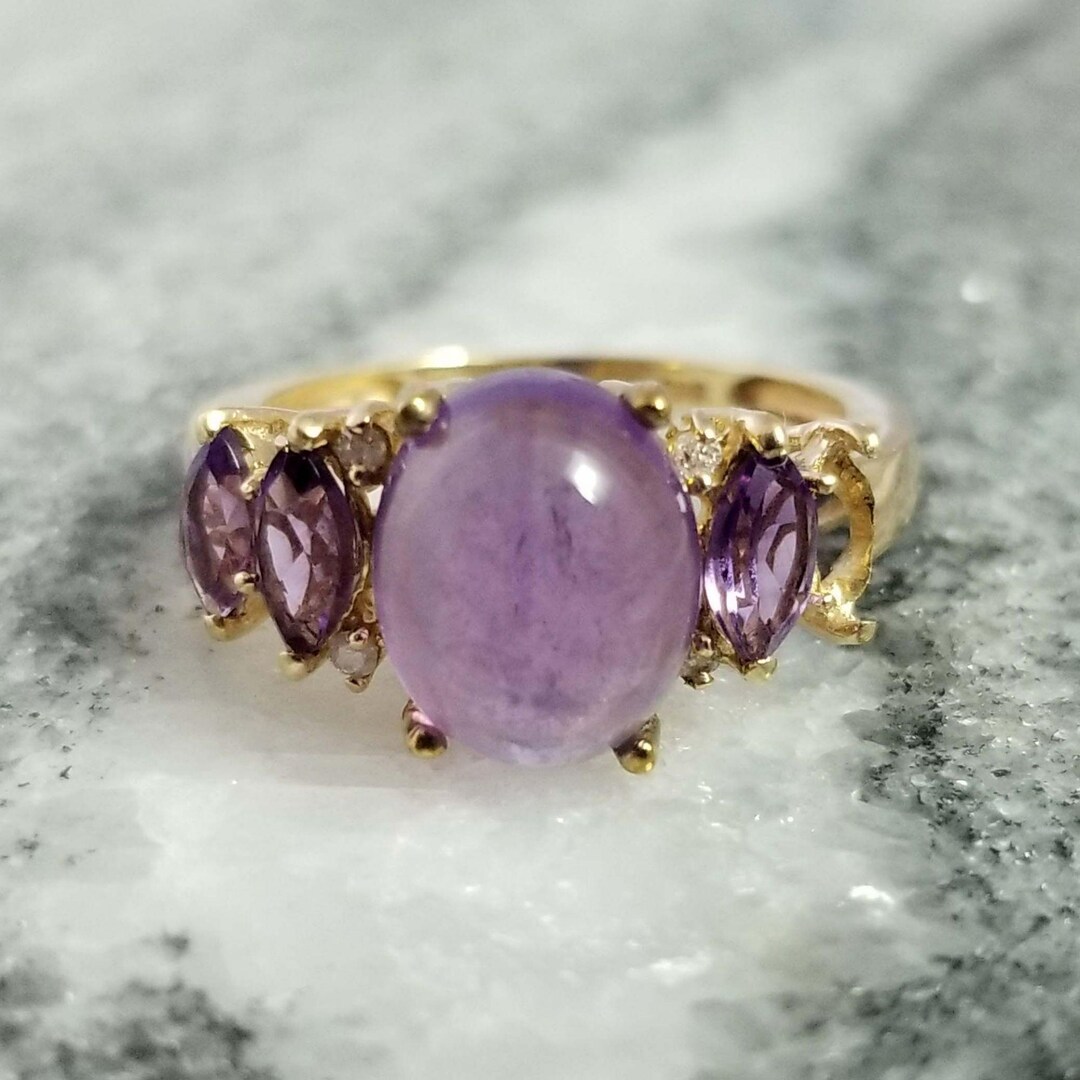 Vintage 14k Amethyst Cabochon Ring, Size 6, Missing Stone, Purple Oval Cabochon Gemstone Center ...