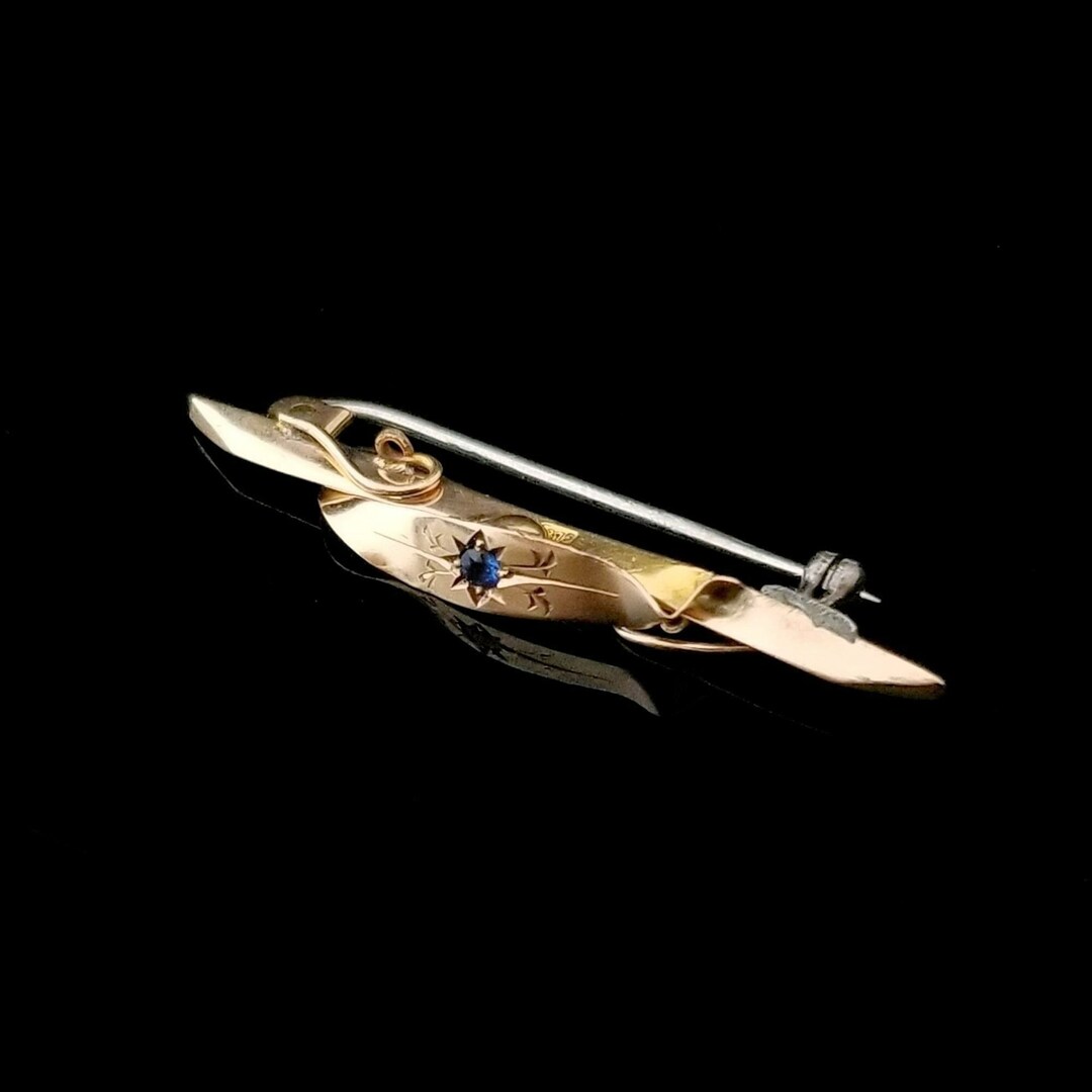 Victorian 9k Bar Brooch, Yellow Gold Blue Gemstone, Star Setting, 1 1/2 ...