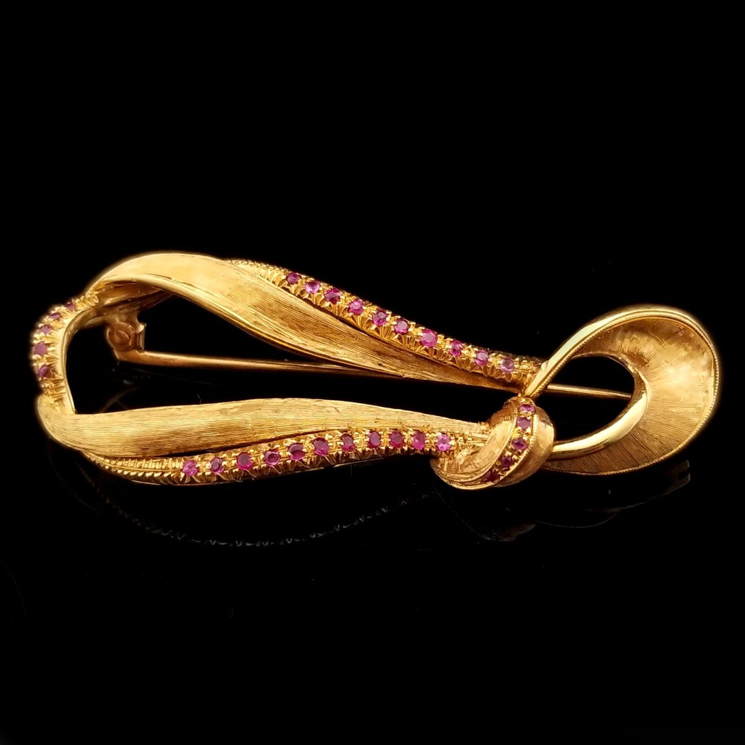 Vintage 18k Yellow Gold and Ruby Brooch, , 2 Inches Long, 3/4 Inch Wide ...