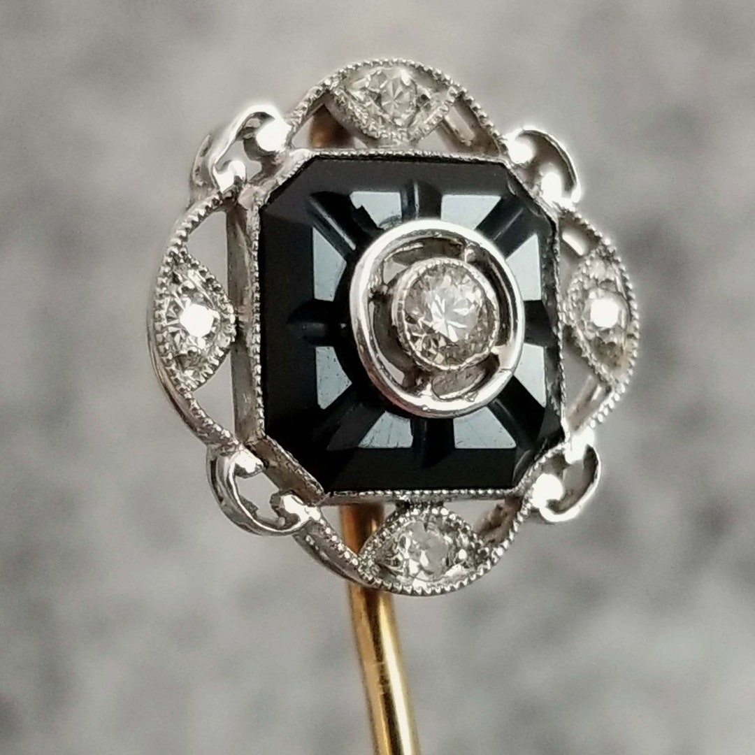 Vintage Carved Onyx and Diamond Stick Pin, Platinum and 14k Gold Metal ...