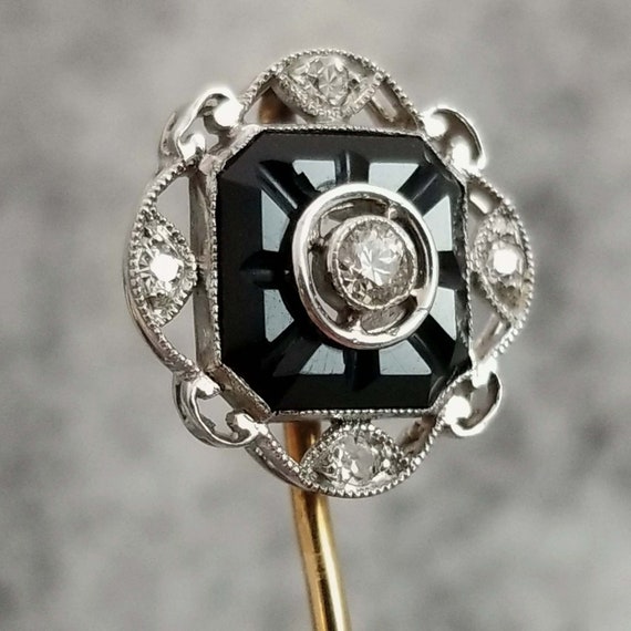 Vintage Carved Onyx and Diamond Stick Pin, Platinum a… - Gem