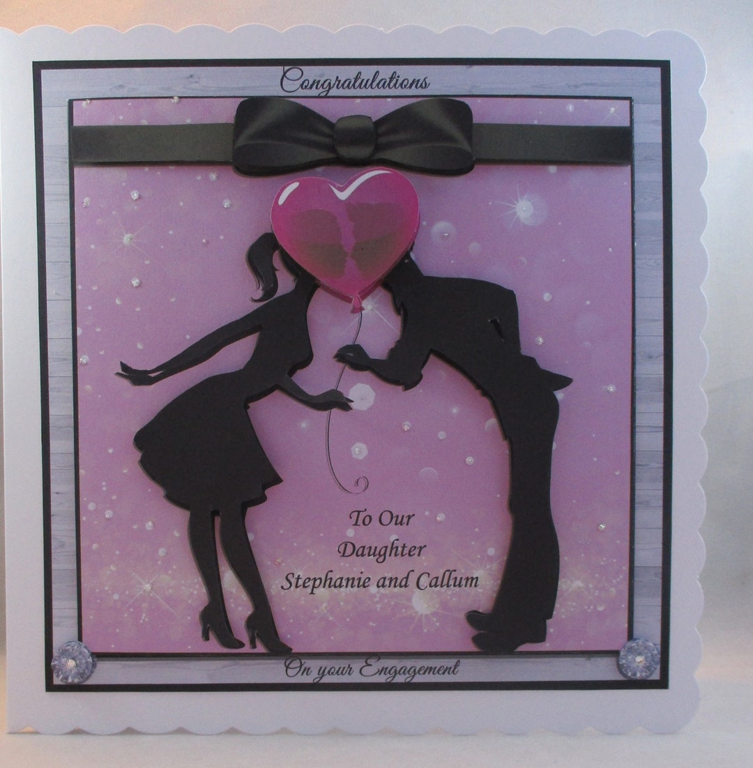 Handmade Engagement Couple Kissing Card , Silhouette , Balloon ...