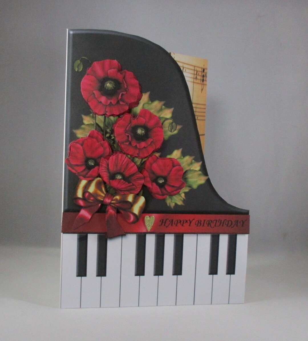 Fatto a mano Decoupage, pianoforte 3D e biglietto di auguri di papaveri ...