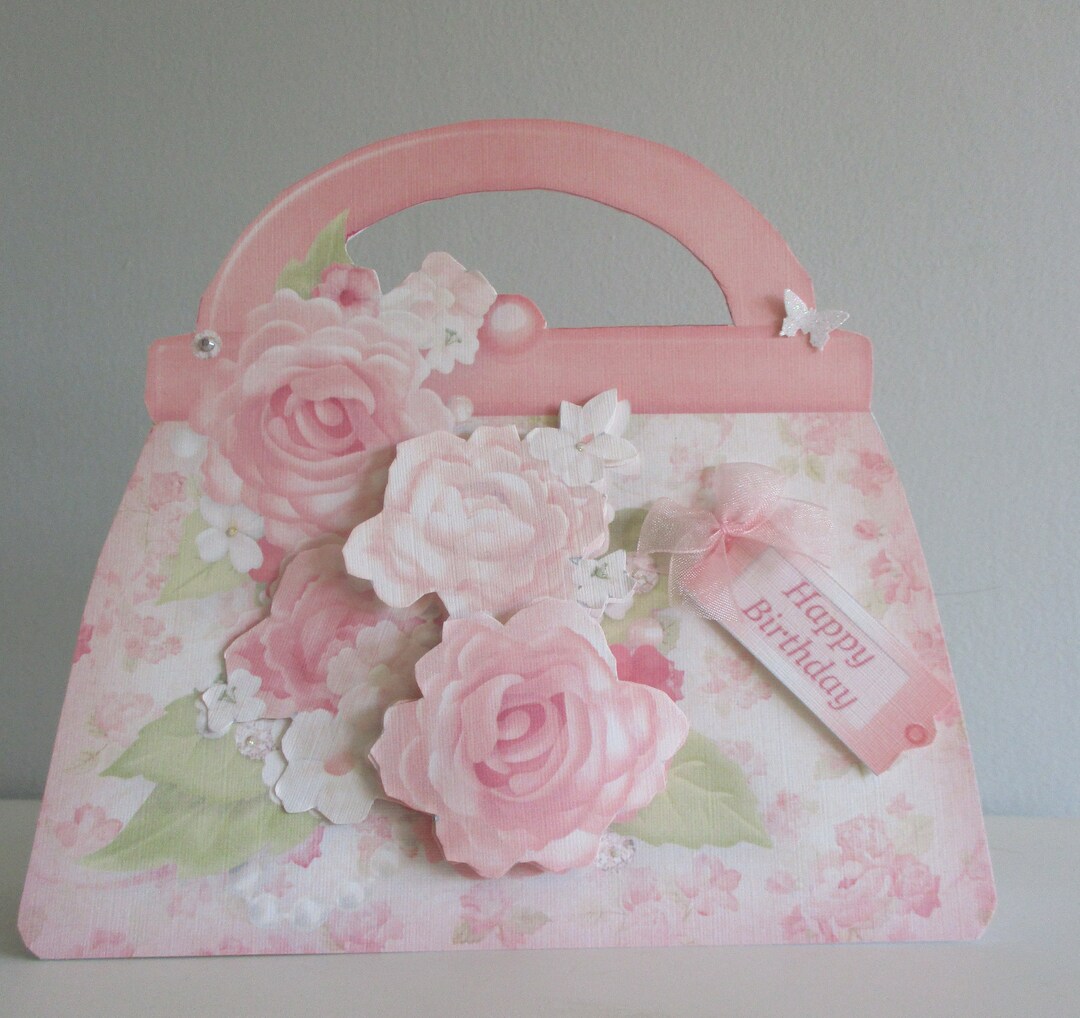 Handbag Shaped Pink Roses Birthday Card, 3D, Decoupage, Personalise - Etsy