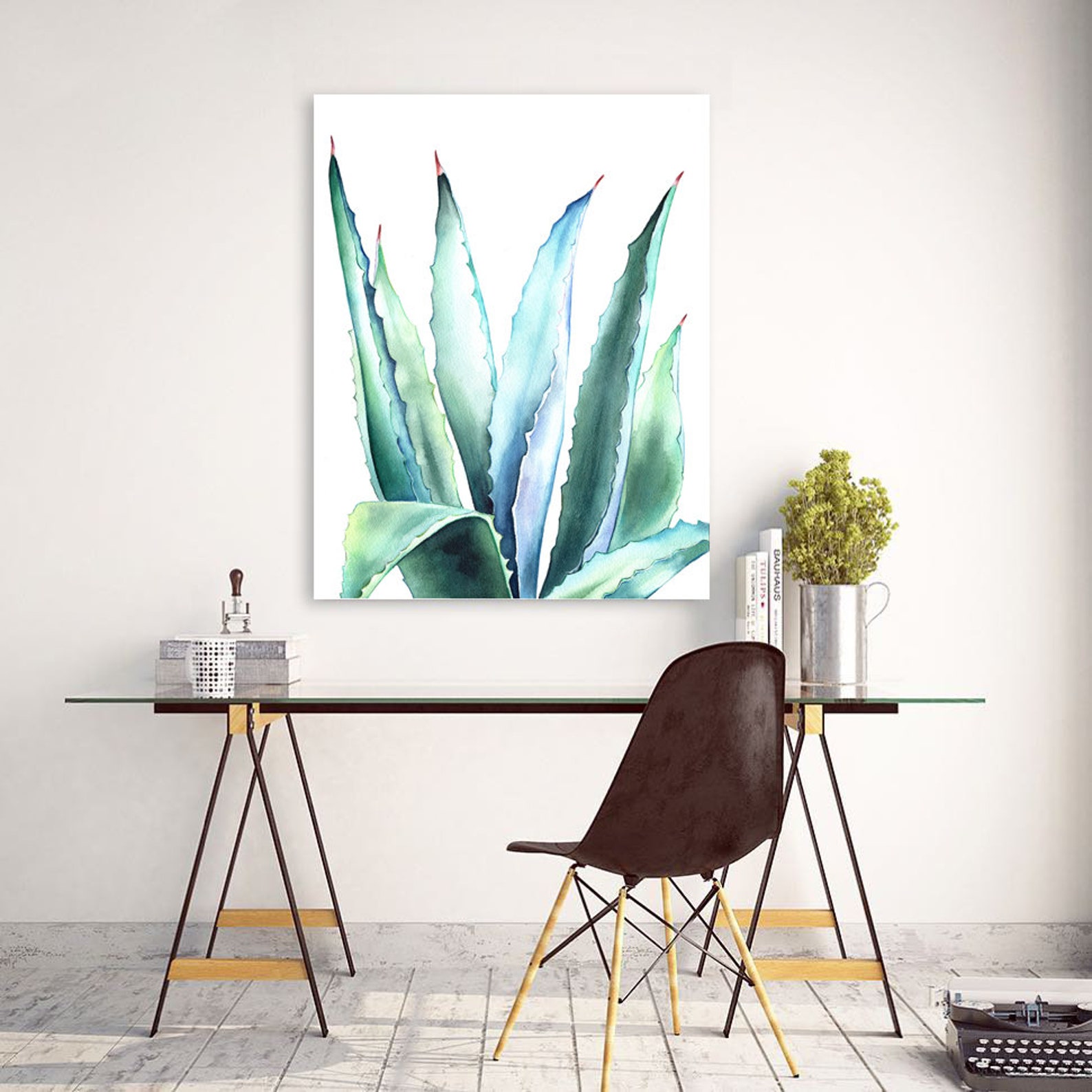 Tropical Wall Art Print, Watercolor Botanical Print, Blue Agave Plant ...