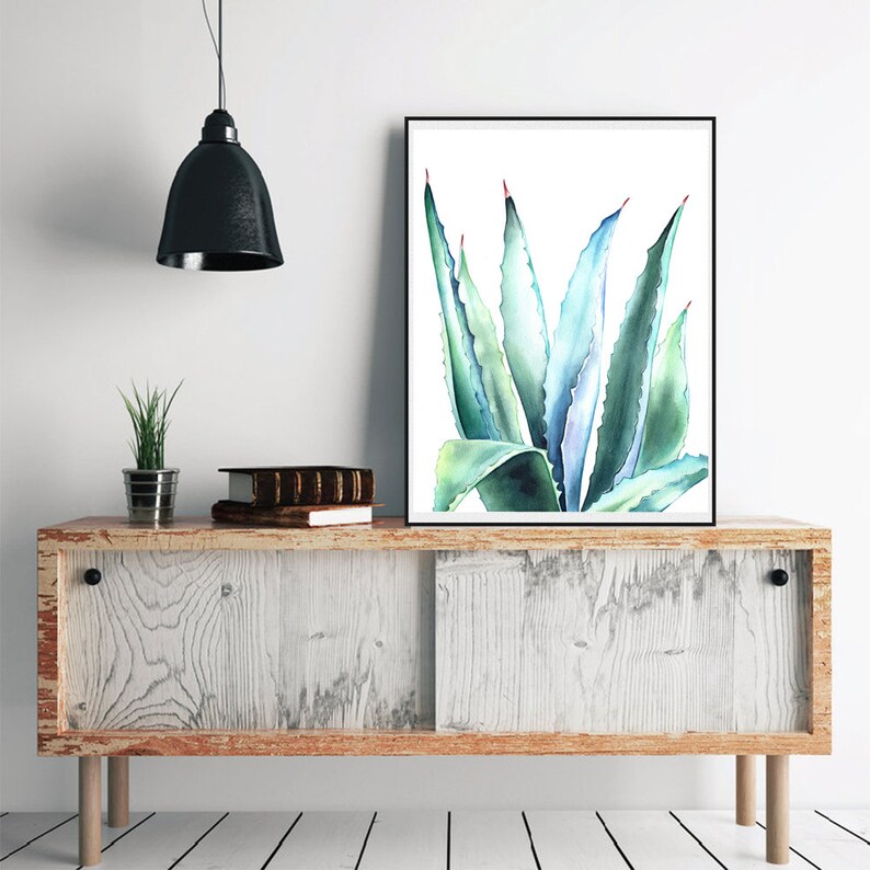 Tropical Wall Art Print, Watercolor Botanical Print, Blue Agave Plant ...