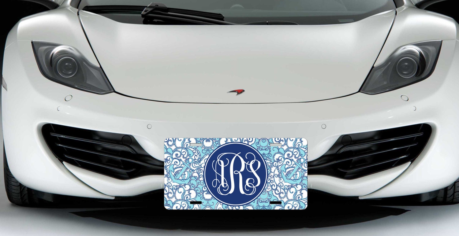 Monogrammed Car Tag Anchors and Swirls Personalized Front | Etsy