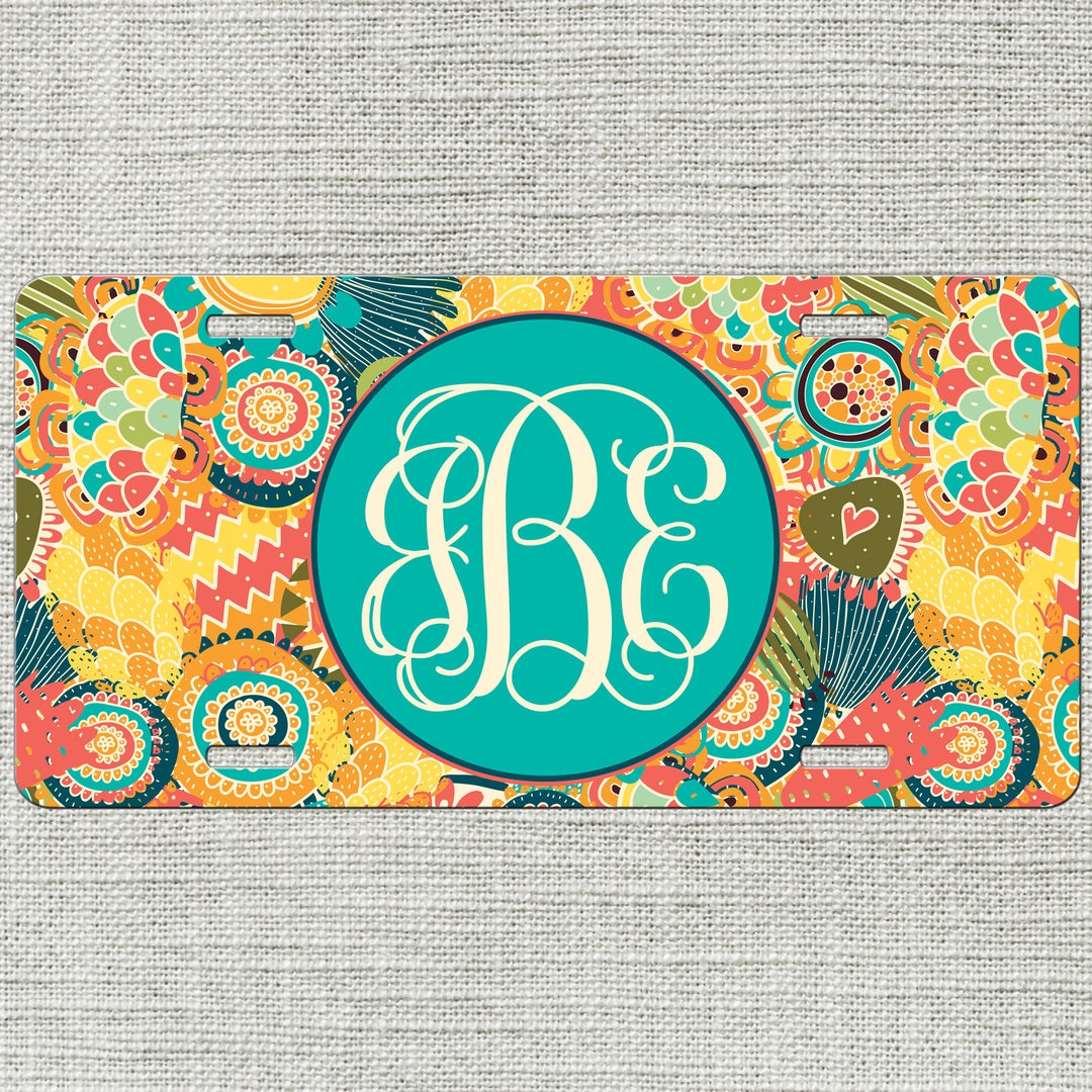 Yellow Floral License Plate, Floral Monogram License Plate ...