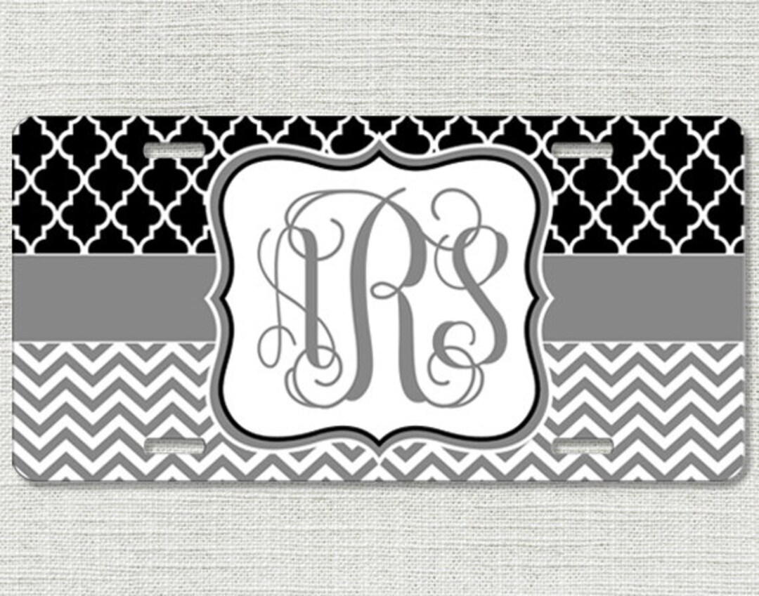 Monogrammed Car Tag Black Lattice Gray Chevron Personalized Front ...