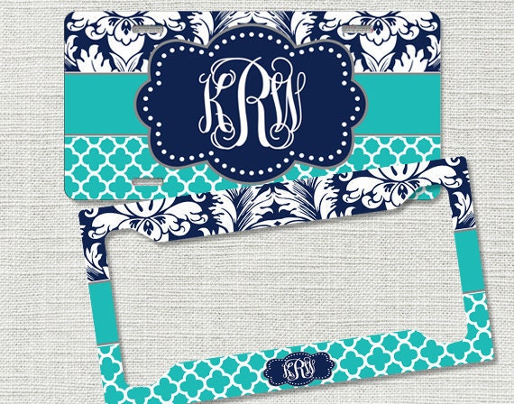Monogrammed Car Tag Monogram License Plate Frame Navy Damask - Etsy