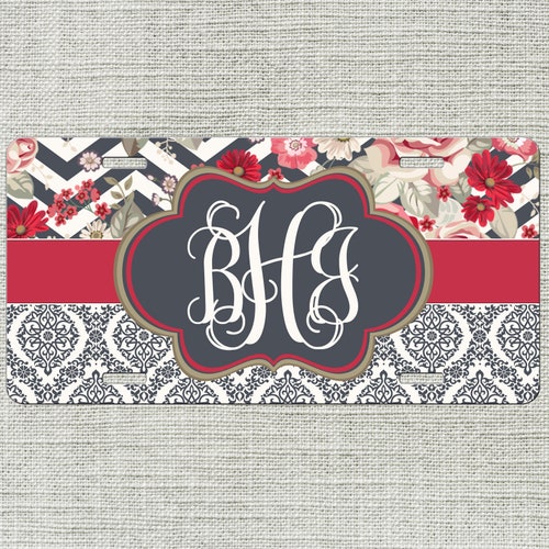 Monogram License Plate Wood Look Floral Car Tag Personalized - Etsy