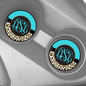 Personalized Car Coasters, Monogrammed Car Coasters, Turquoise Leopard ...