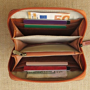 Cartera de mujer de piel, monedero de cuero hecho a mano con cremallera ...