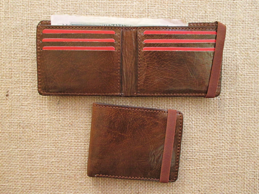 Handmade Leather Bifold Wallet, Slim Minimalist Design With Elastic ...
