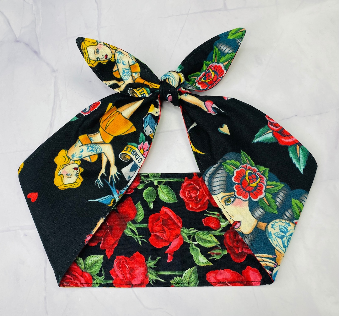 Head Scarf Roses TATTOOS Rockabilly Hair Wrap Headband Bow Black - Etsy
