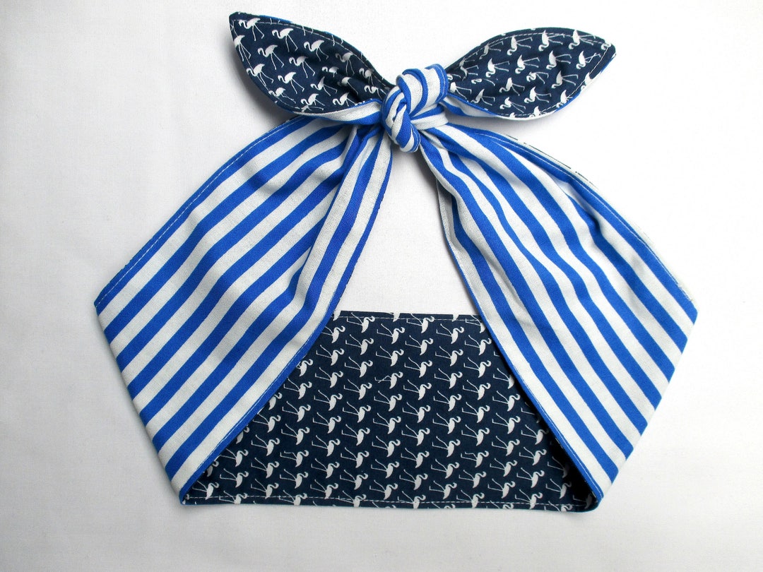 Headband Navy Blue Flamingos Stripes Rockabilly Head Scarf Bow Vintage ...