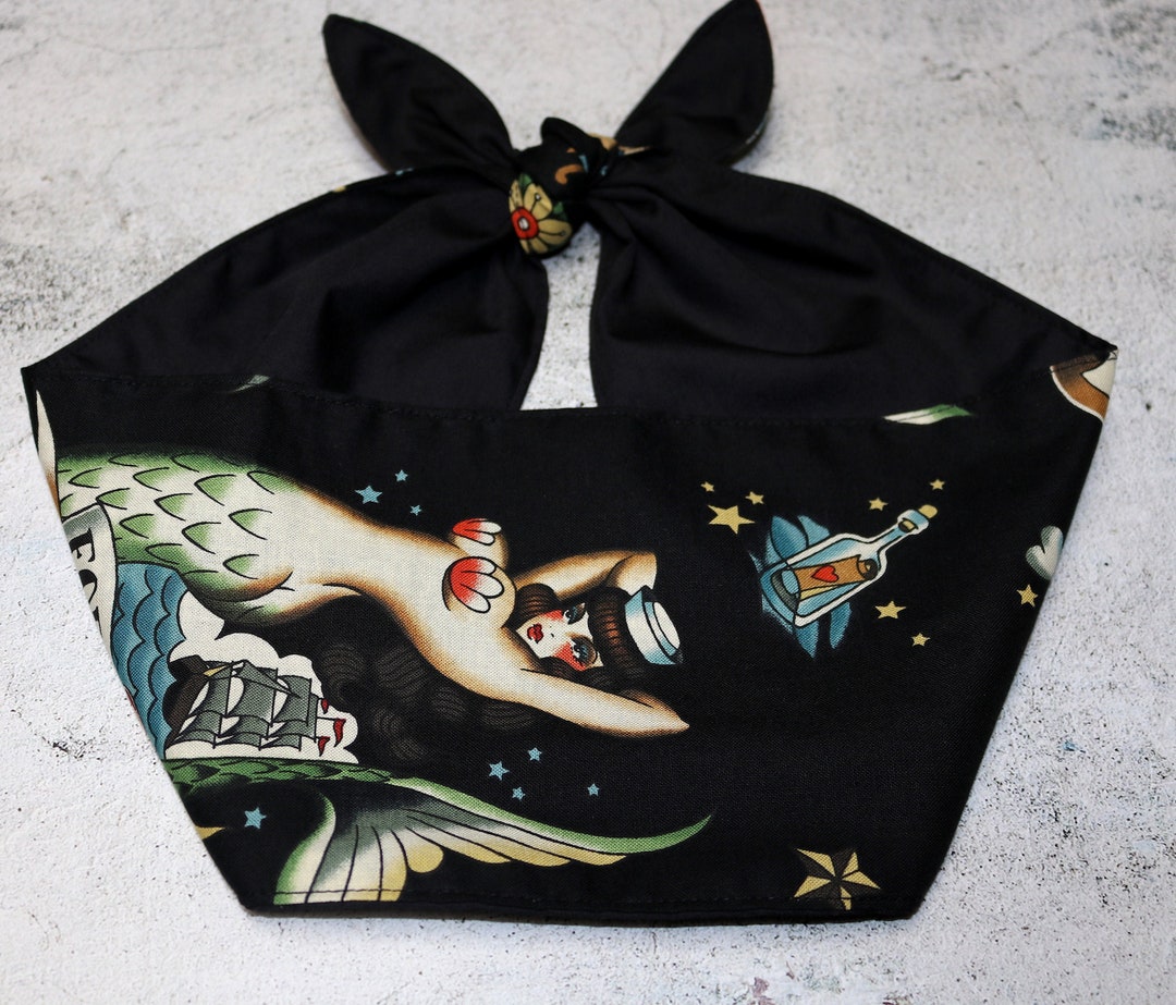 Mermaid Head Scarf Rockabilly Hair Wrap Headband Bow Black Tattoos Tie ...