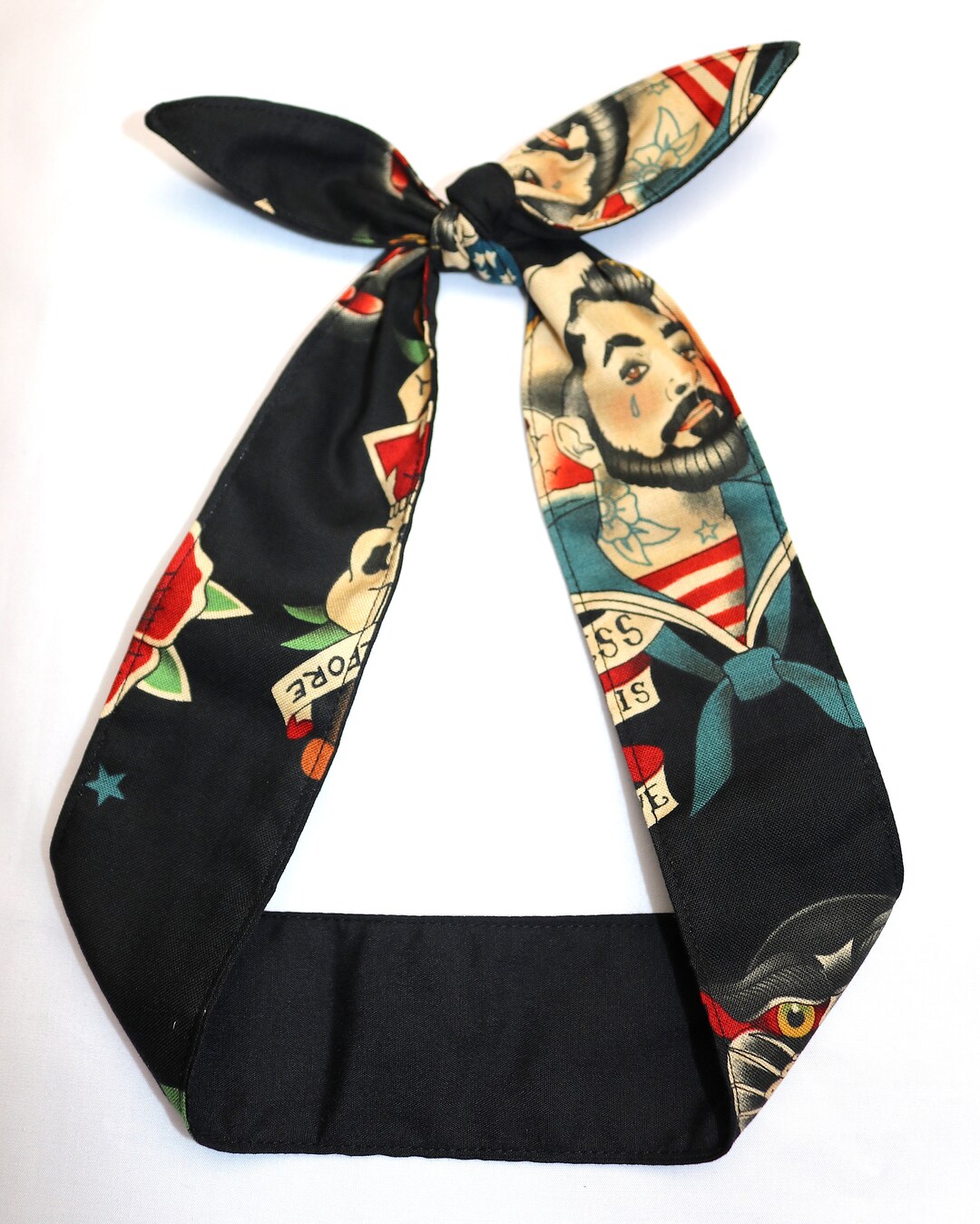 Head Scarf TATTOO Rockabilly Wrap Headband Bow Black Headscarf - Etsy