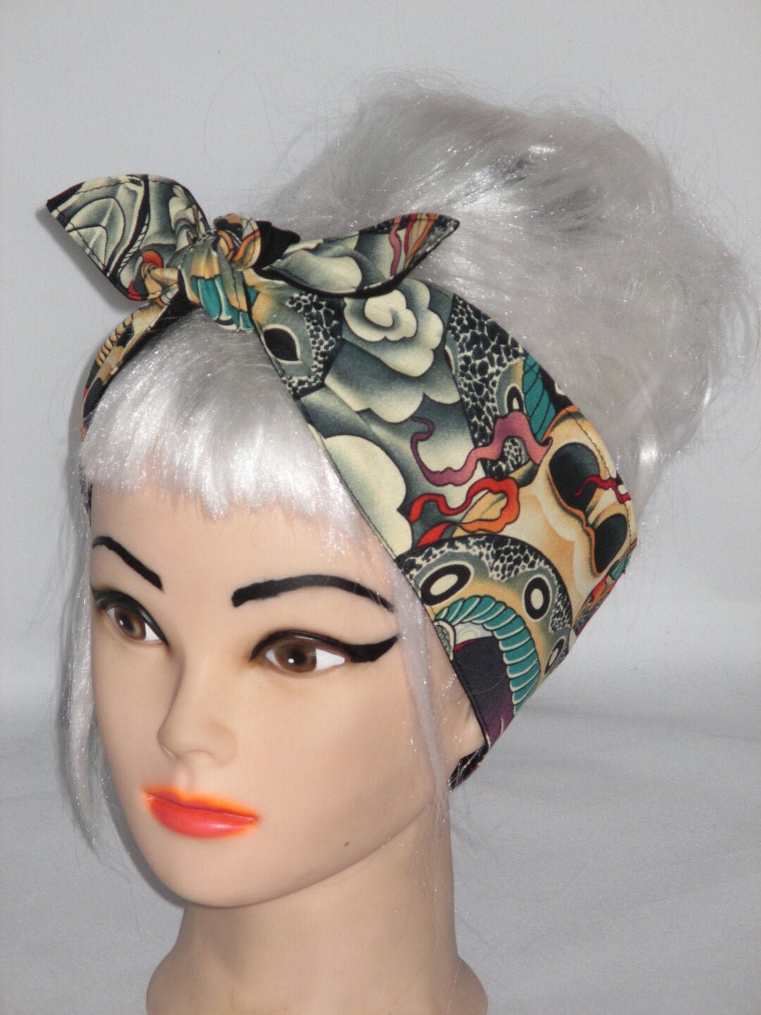 Head Scarf Tie Rockabilly Tattoo Print Knotted Headband Wrap Tie ...