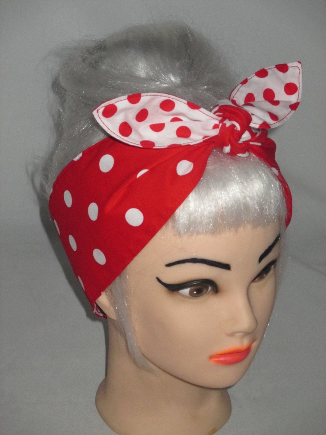 White Red Polka Dots Rockabilly Head Scarf Hair Wrap Headband Retro ...