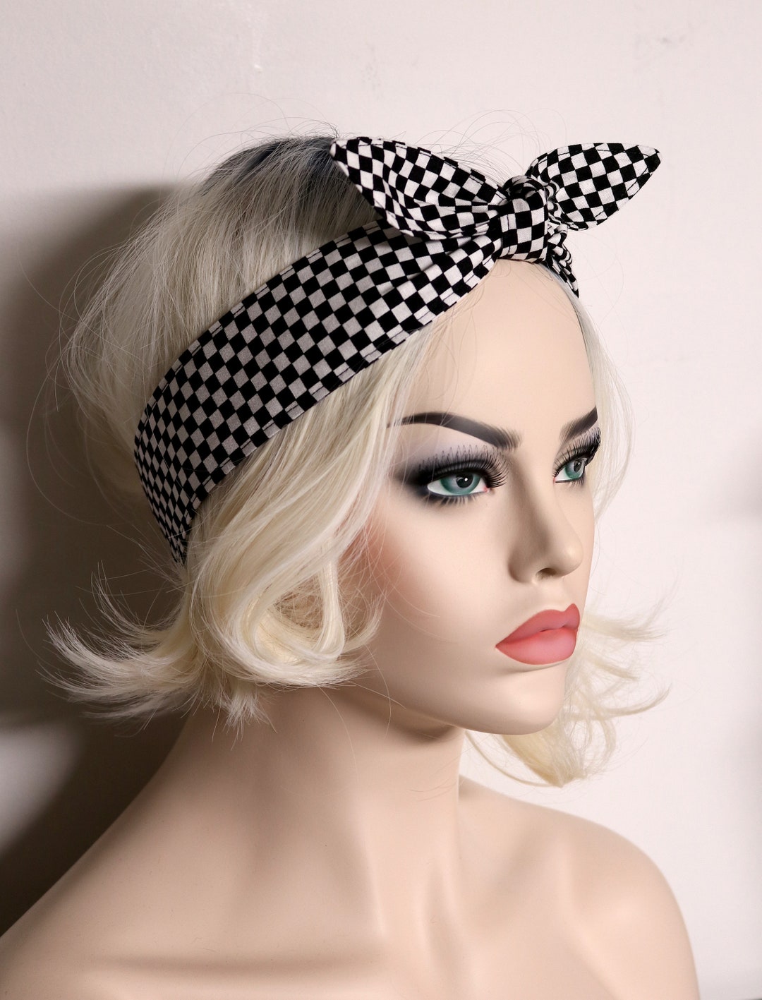 Headband Black White Checkered Checks Rockabilly Head Wrap Scarf - Etsy