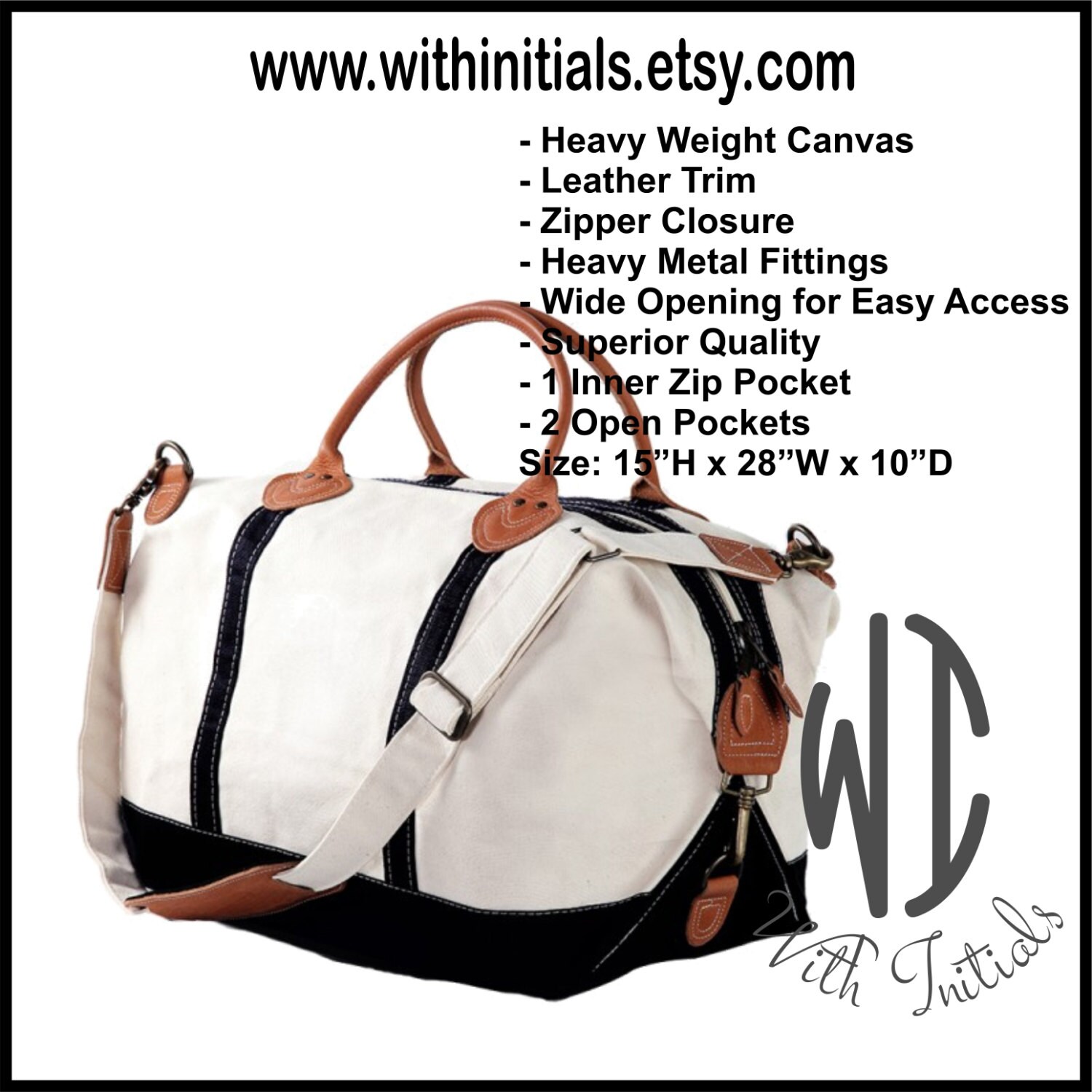White With Black Trim Personalized Weekender Bag Canvas Tote - Etsy