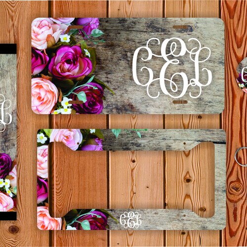 Monogram License Plate Wood Look Floral Car Tag Personalized | Etsy