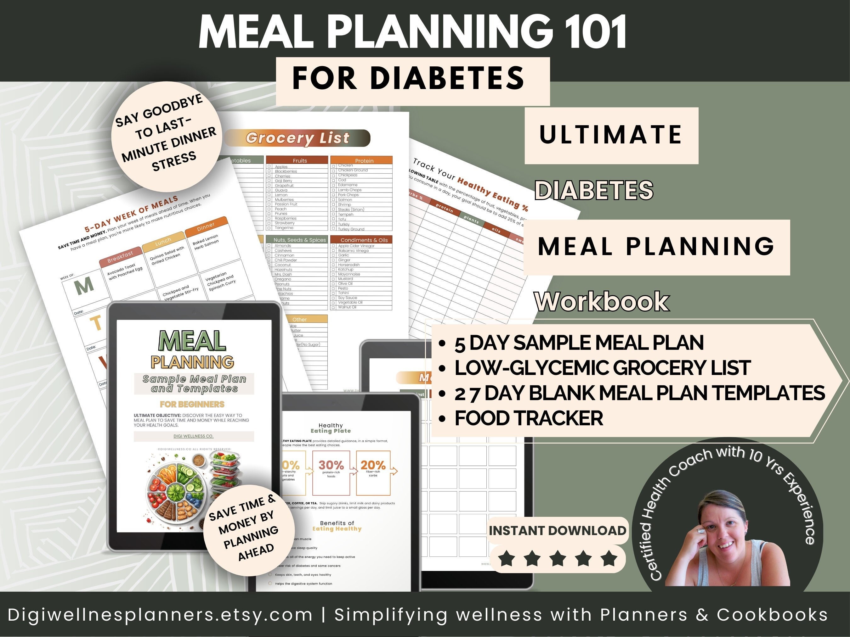 Diabetic Meal Planning Workbook, 5 Day Low Glycemic Meal Plan & Blood ...