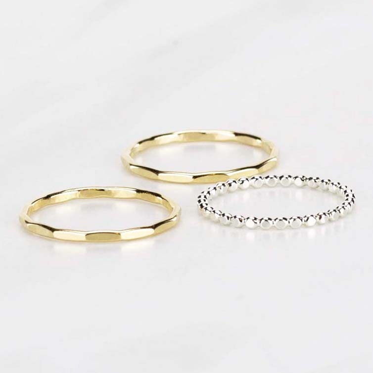 Hammered Stack Ring Set Beaded Ring Flat Hammered Ring Set | Etsy