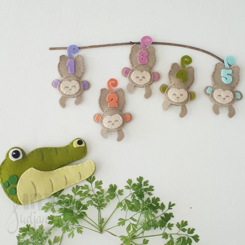 Set of 5 Cheeky Monkeys, Crocodile Optional - Felt Finger Puppets ...