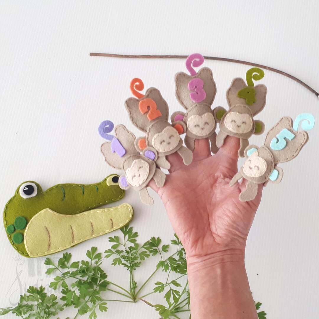Set of 5 Cheeky Monkeys, Crocodile Optional - Felt Finger Puppets ...