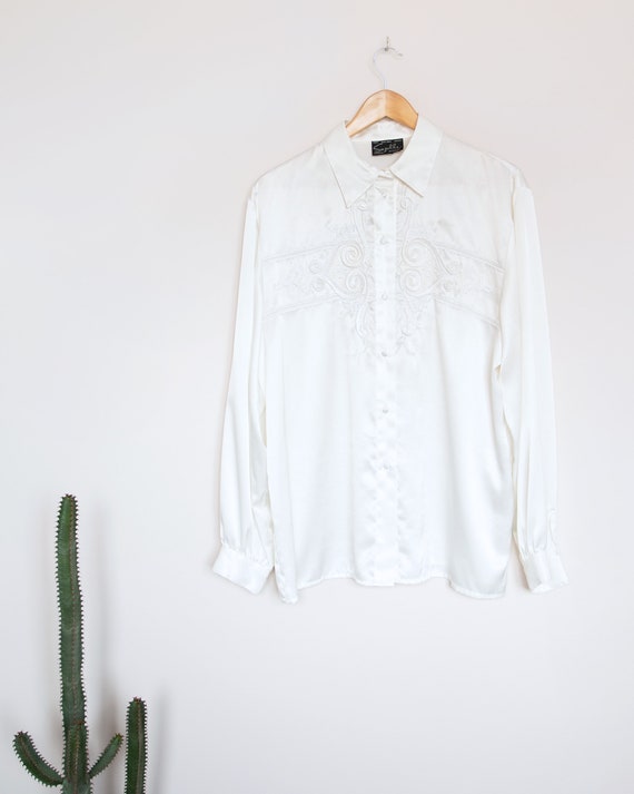 Vintage ivory satin shirt, embroidered long sleeve bl… - Gem