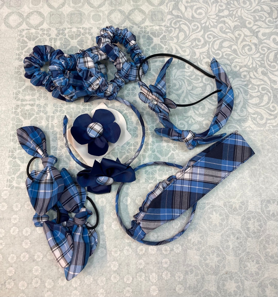 Plaid 76 Back to School Uniform Bows Navy Blue White Hair Accessories ...
