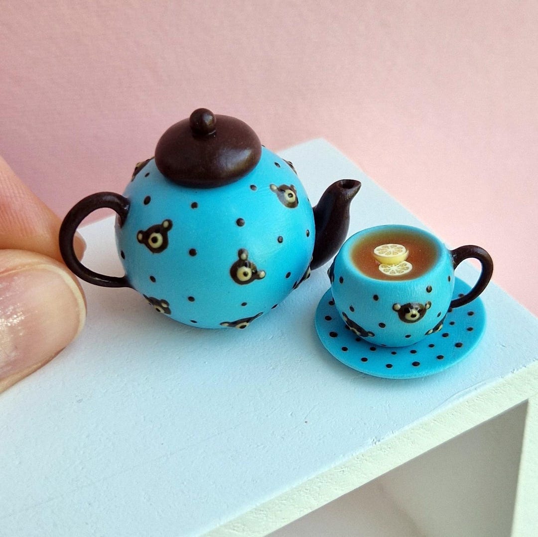 Miniature Tea Set With Bear Pattern. Handmade, Polymer Clay. Miniature ...